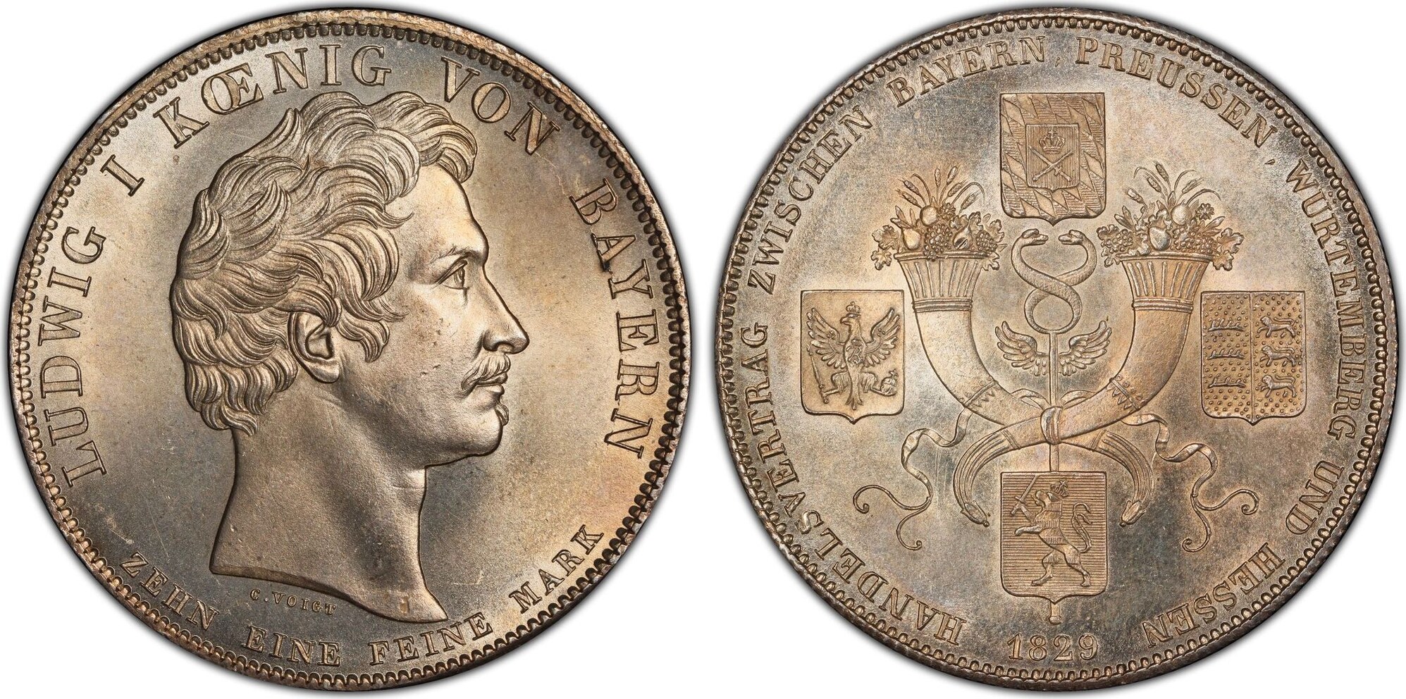 1829 Geschichtsthaler Bayern HANDELSVERTRAG mit PREUSSEN, WÜRTT ...