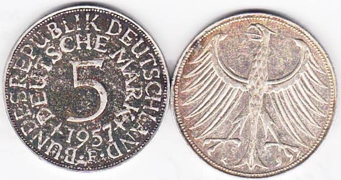 Deutschland 5 DM J. 387 Kursmünze 1957 F vz+ | MA-Shops