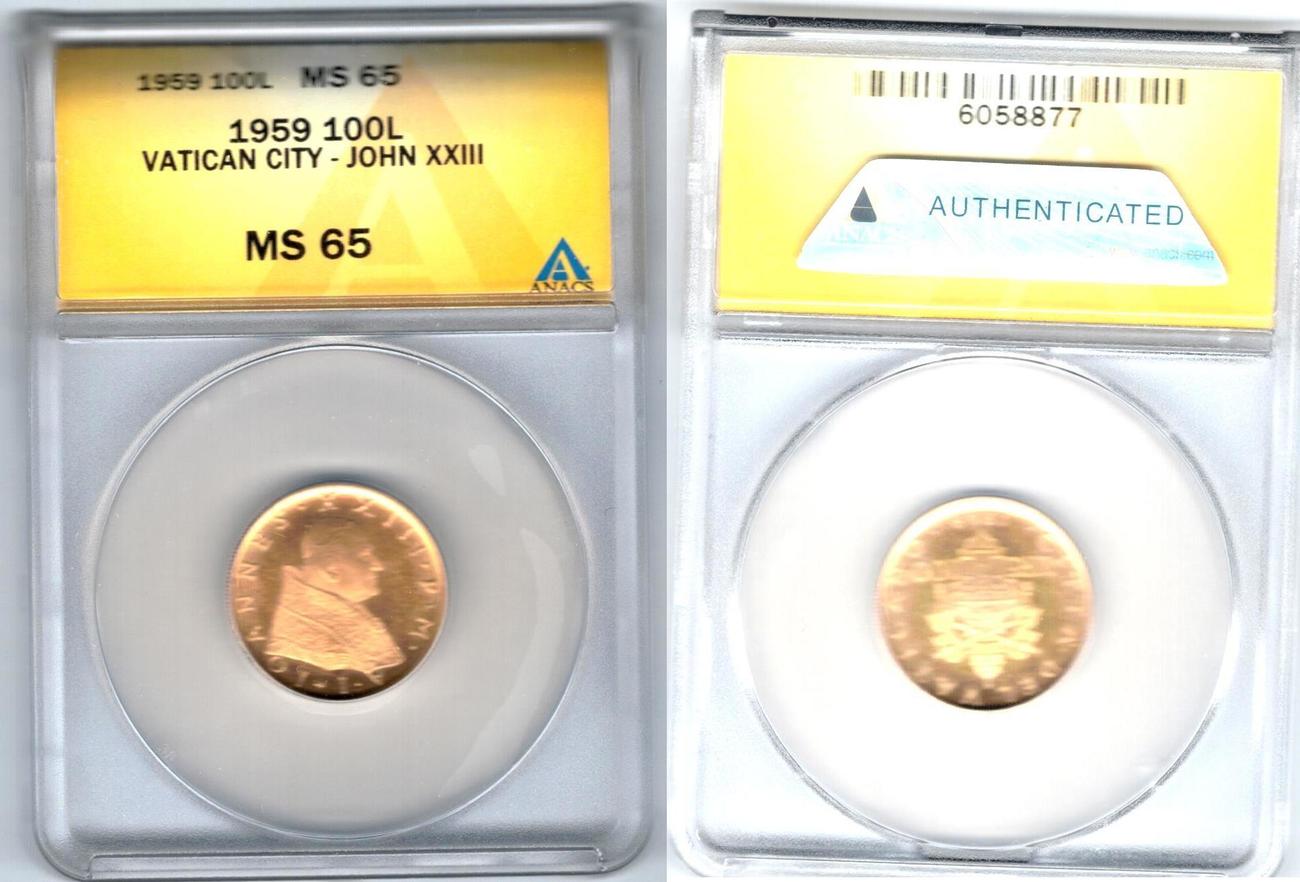 Vatikan Johannes XXII. 100 Lire Gold 1959 in Stempelglanz ANACS MS 65 ...
