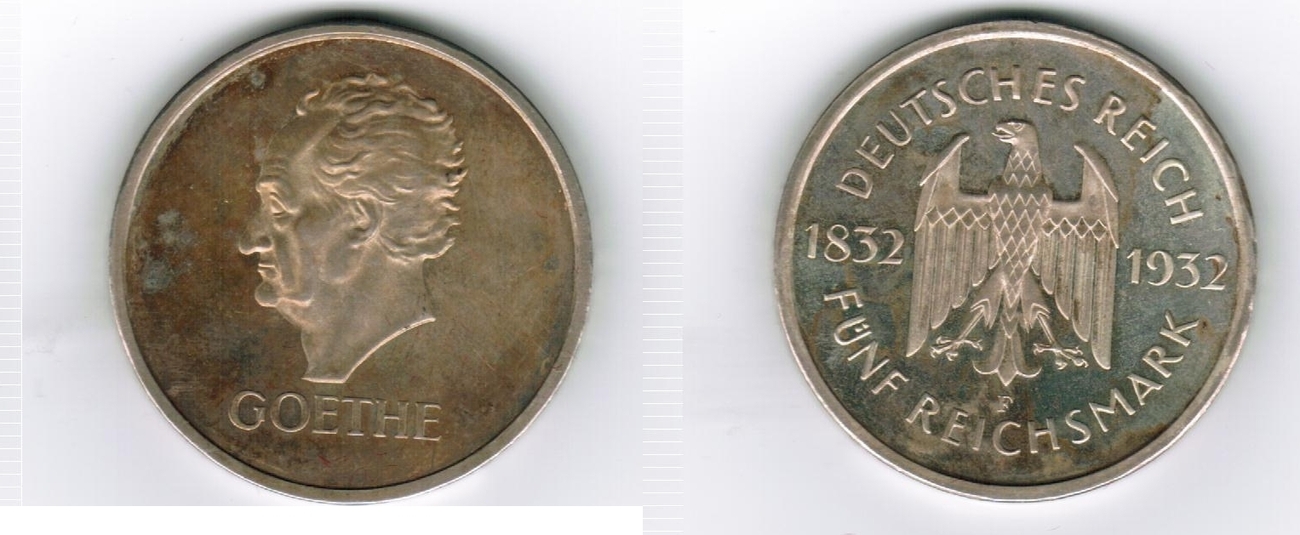 Deutschland - Weimar 5 Reichsmark J. 351 5 Mark GOETHE 1932 F in PP ...
