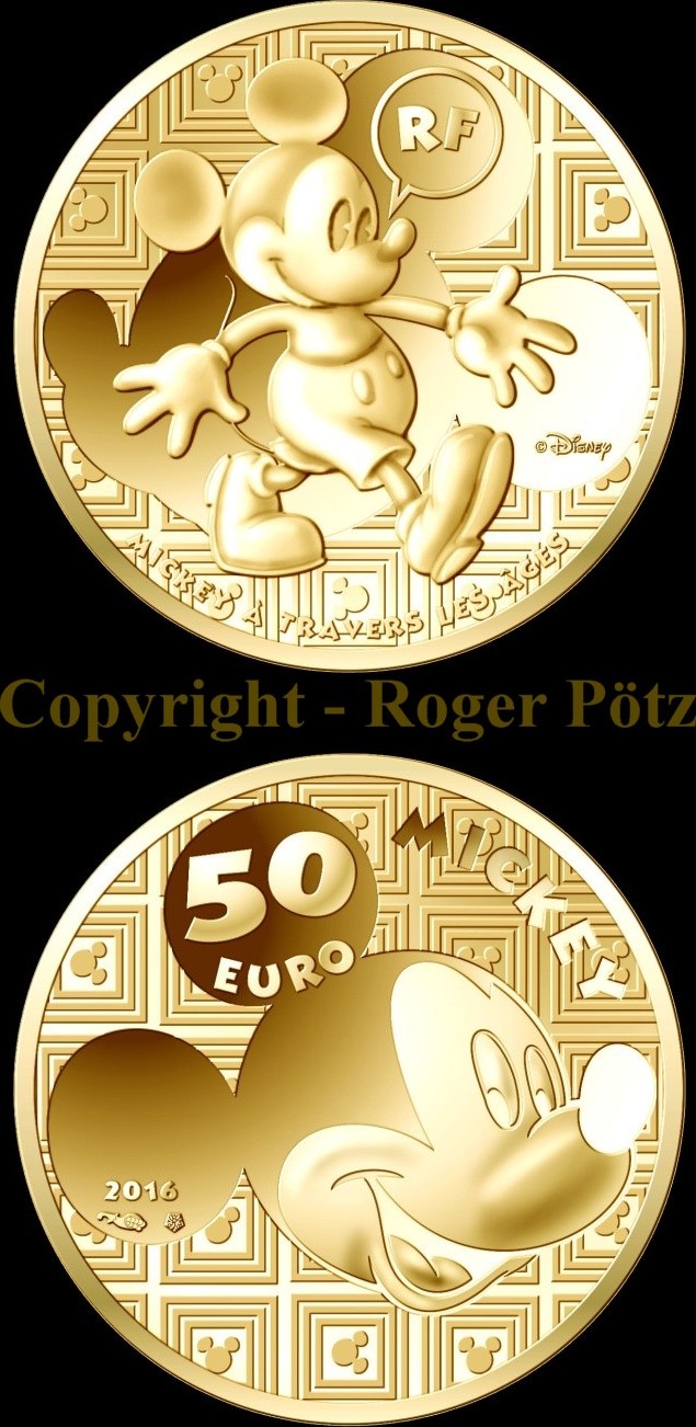 FRANKREICH 50 Euro Gold 2016 Mickey Mouse im Wandel der Jahre polierte ...