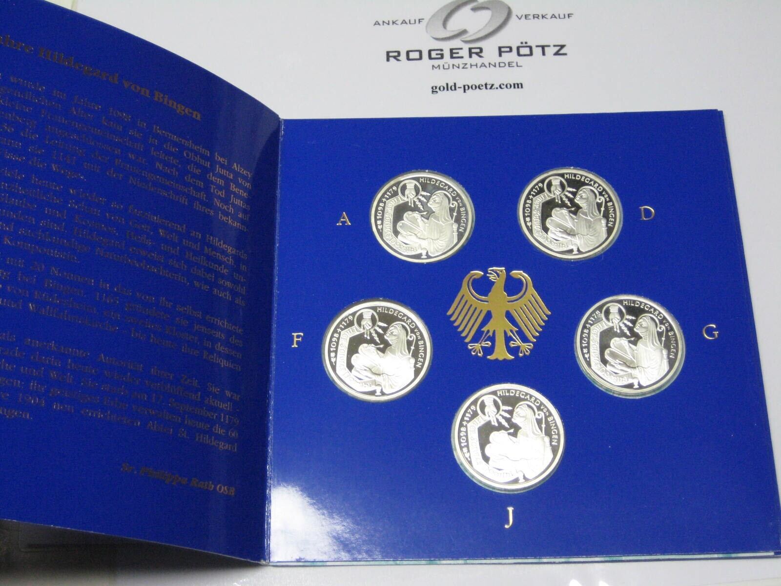 DEUTSCHLAND 50 DM 5 x 10 DM 1998 Silber Hildegard von Bingen Komplettsatz A D F G J Blister ...