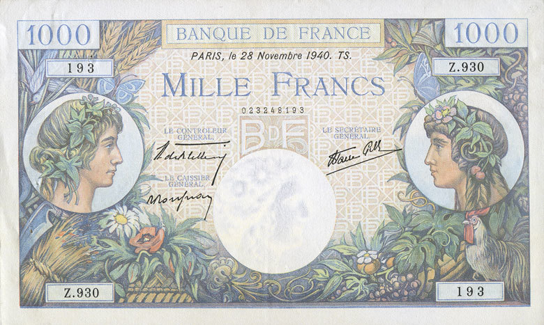 BANKNOTEN DER BANQUE DE FRANCE 1000 francs 1940-11-28 Banque de France ...