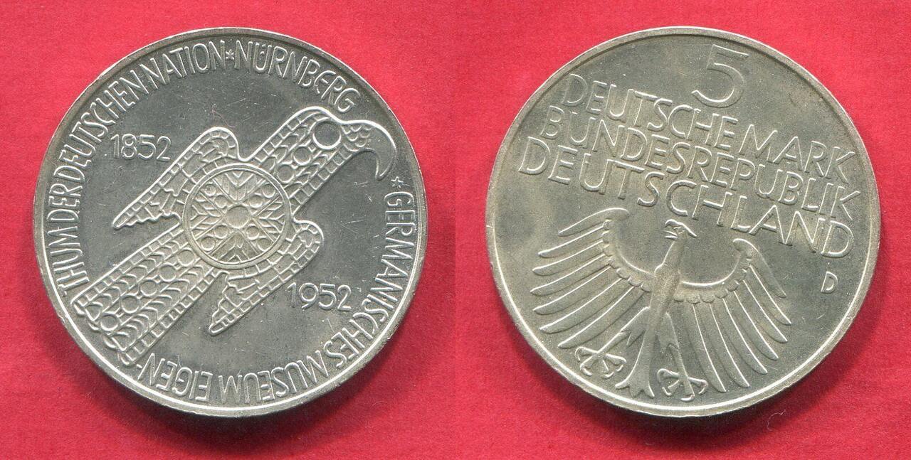 Bundesrepublik Deutschland, Germany FRG 5 DM 1952 D Germanisches Museum in Nürnberg Adlerfibel ...