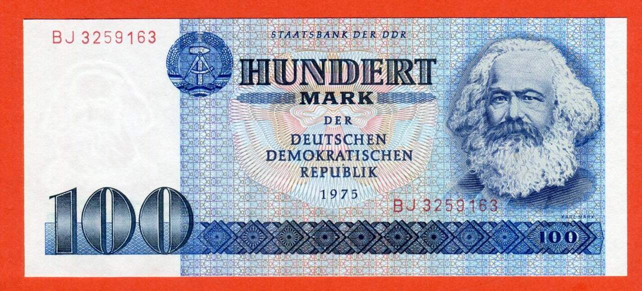 DDR 100 Mark Banknote 1975 Karl Marx - Palast Kassenfrisch I | MA-Shops