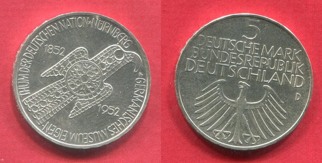 Bundesrepublik Deutschland, Germany FRG 5 DM Gedenkmünze Silber 1952 -D- Germanisches Museum in ...