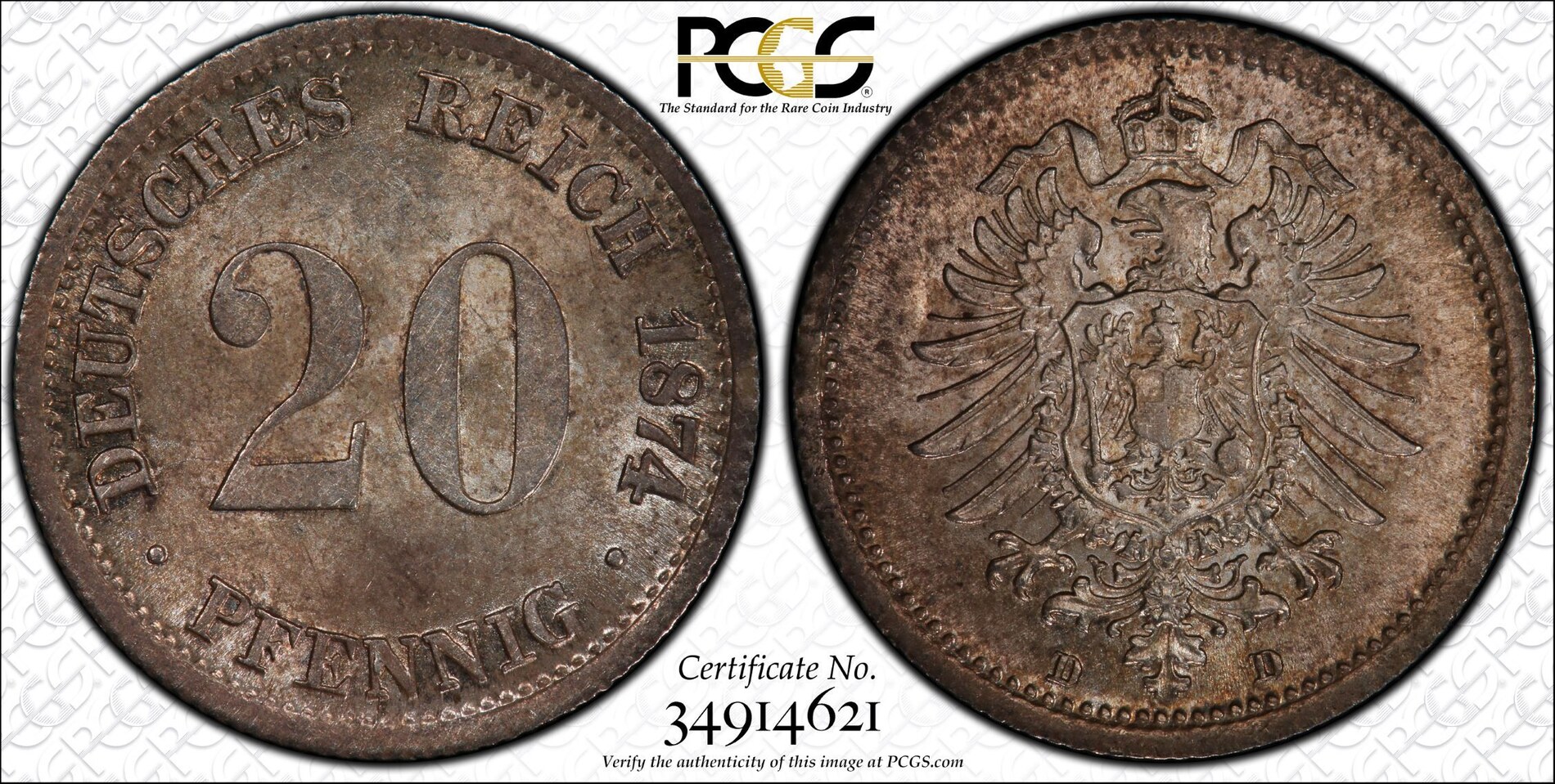 Germany-Empire Kaiserreich 20 Pfennig 1874-D PCGS MS63 | MA-Shops
