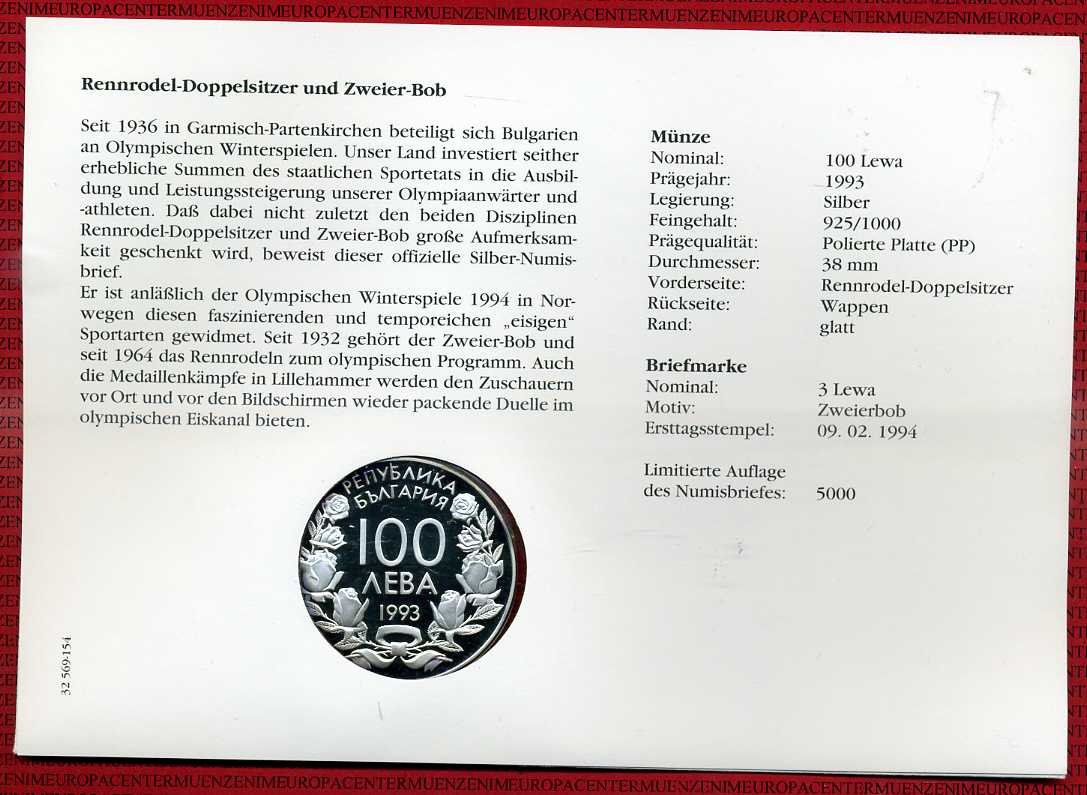 100 Lewa Silbermünze Bulgarien 100 Lewa Silber 1993 Bobfahren Polierte ...