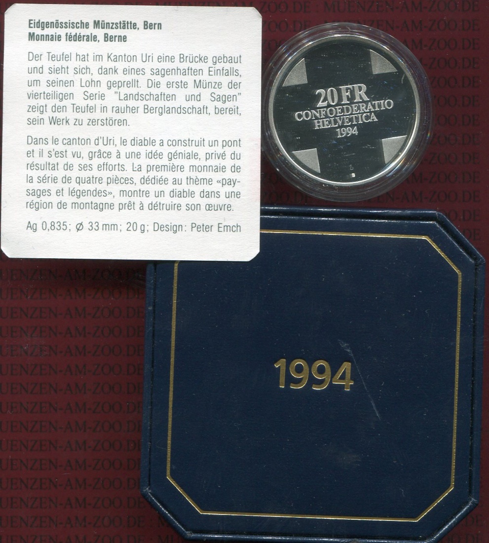 Schweiz, Switzerland Schweiz 20 Franken Silber PP 1994 Teufel und Brücke in Uri Polierte Platte ...