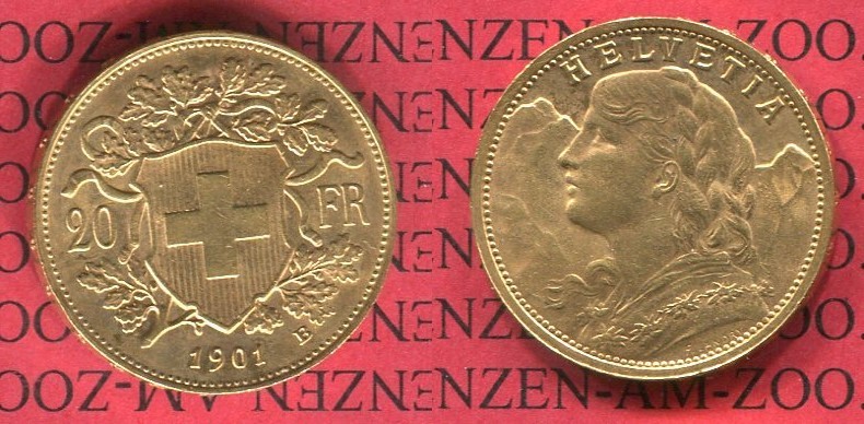 Schweiz, Switzerland 20 Franken Vreneli Gold Schweiz 20 Franken 1901 ...