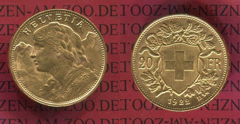Schweiz, Switzerland 20 Franken Vreneli Gold Schweiz 20 Franken 1922 Vreneli, Gold vz-prfr. | MA ...