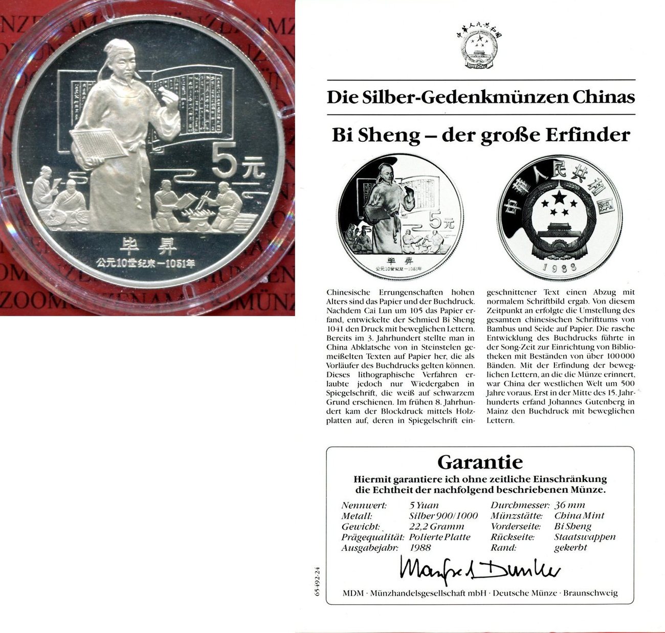 China 5 Yuan Silber 1988 Gedenkmünze Bi Sheng - der große Erfinder pp ...