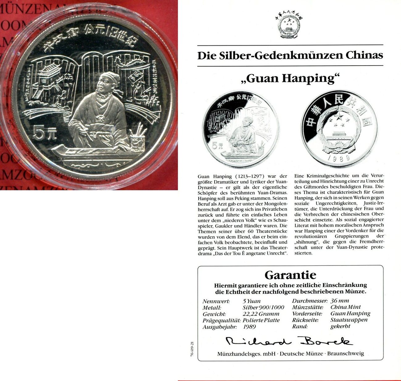 China 5 Yuan Silber 1989 Gedenkmünze Guan Hanping pp in Kapsel mit ...