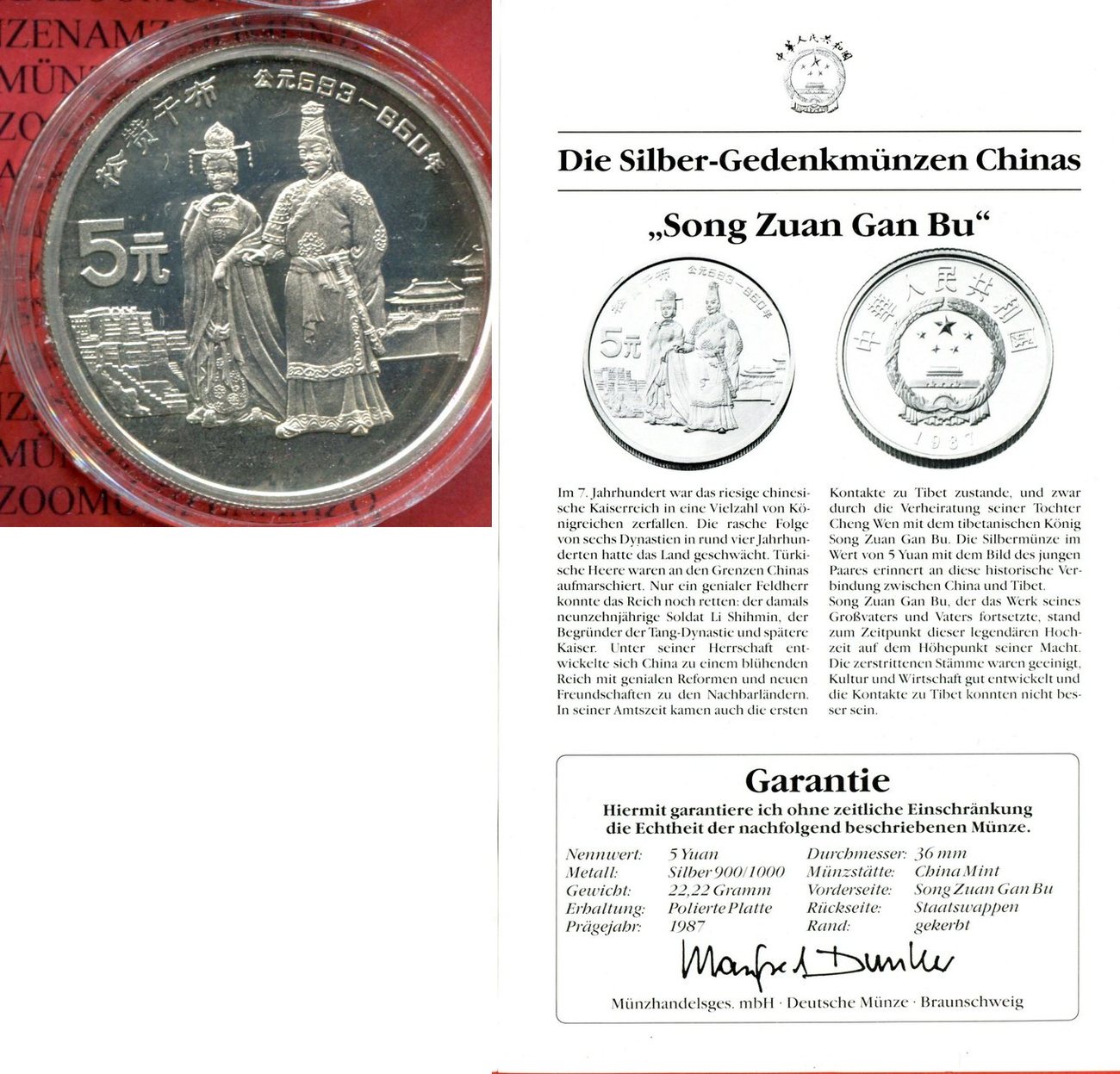 China 5 Yuan Silber 1987 Gedenkmünze Song Zuan Gan Bu pp in Kapsel mit ...