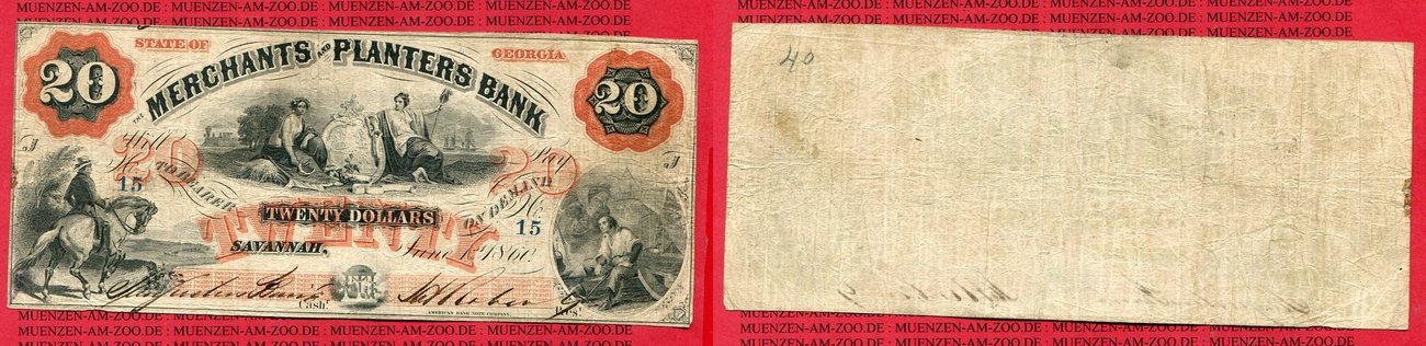 USA Obsolete Banknotes 20 Dollars Banknote o.J. State of Georgia ...