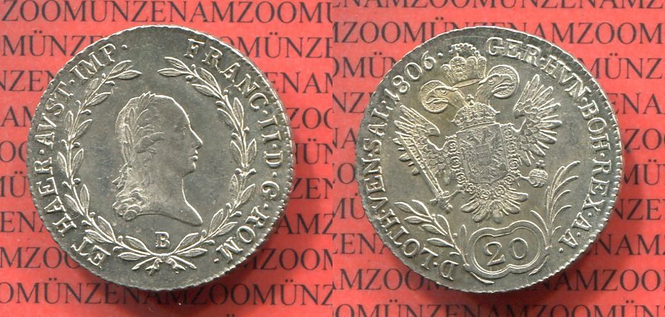 Österreich 20 Kreuzer Silbermünze 1806 B Franz II. Silber vz/vz+ | MA-Shops