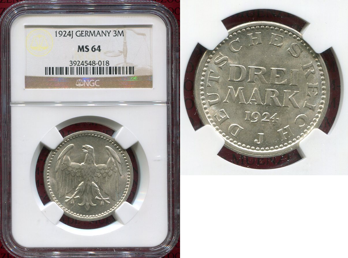 Weimarer Republik Germany 3 Mark Silber Drei Ausgeschrieben 3M Kursmünze 1924 J Regular Strike ...