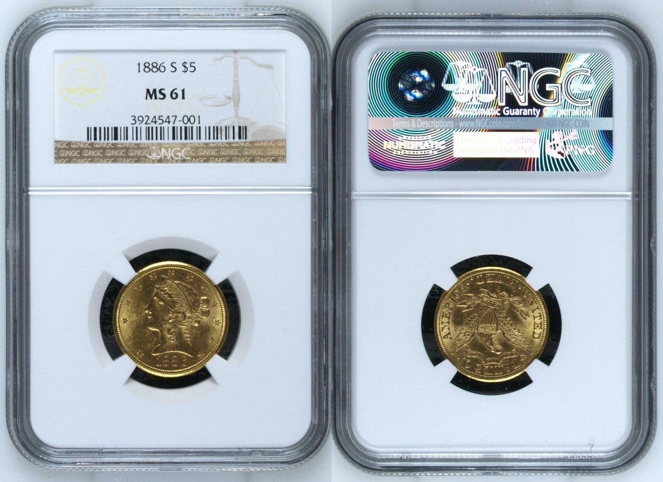5 Dollars Half eagle USA 5 Dollars Liberty Frauenkopf, Coronet Head 1886 S Gold NGC Zertifiziert ...