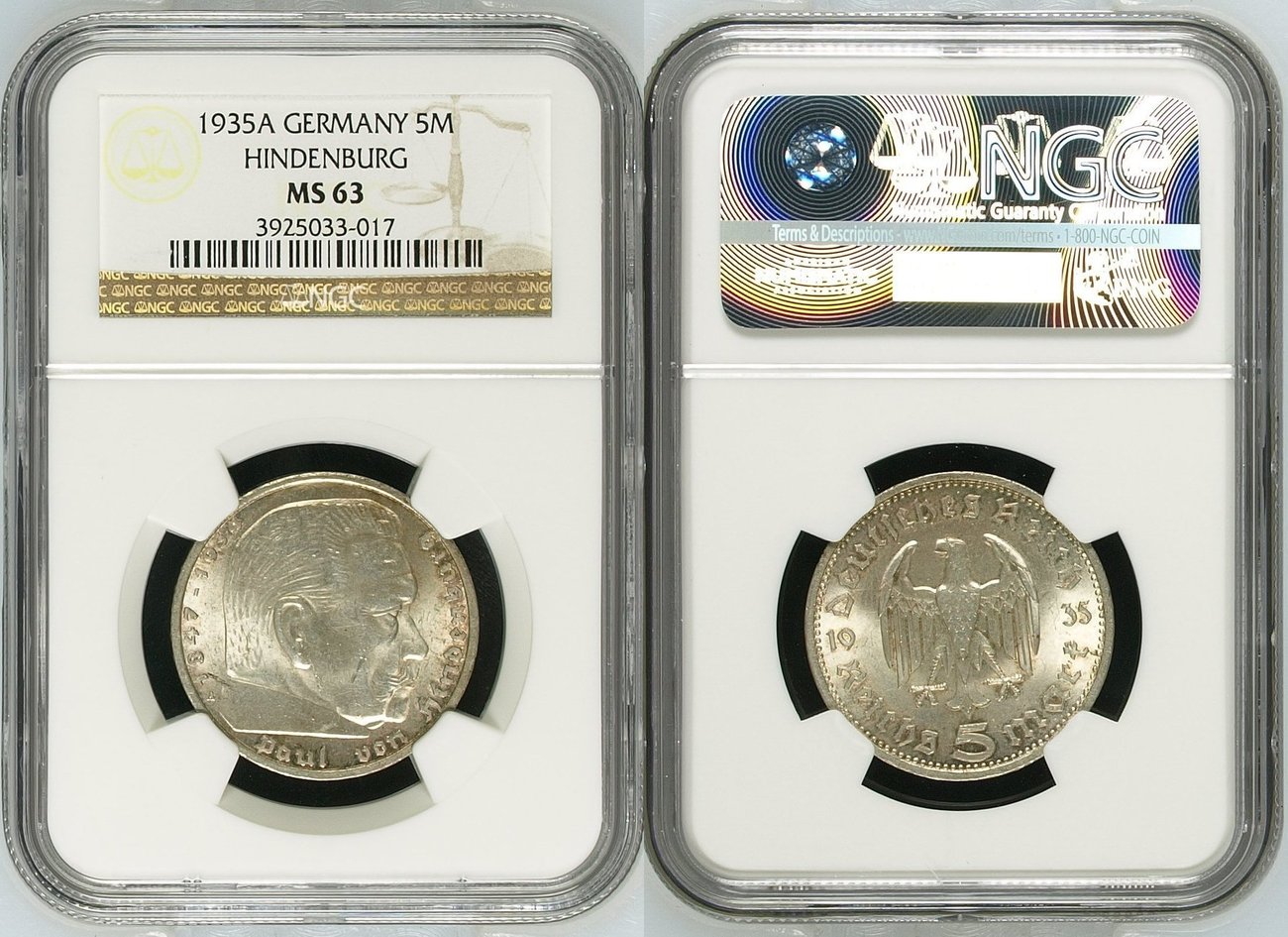 III. Reich Germany 1933-1945 III. Reich 5 Reichsmark 1935 A, Hindenburg J. 360 Selten in dieser ...