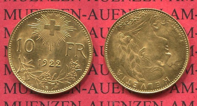 Schweiz, Switzerland Schweiz, 10 Franken Gold Vreneli Typ, 1922 prfr. | MA-Shops