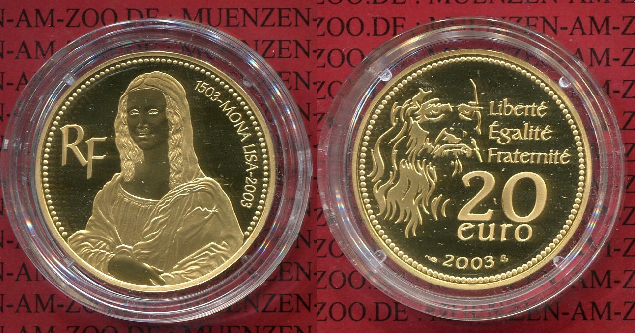 Frankreich France 20 Euro Gold, 1/2 Unze Feingold 2003 Mona Lisa ...
