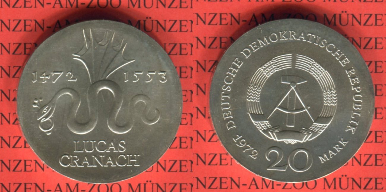 DDR 20 Mark 1972 Gedenkmünze 500. Geburtstag von Lucas Cranach ...