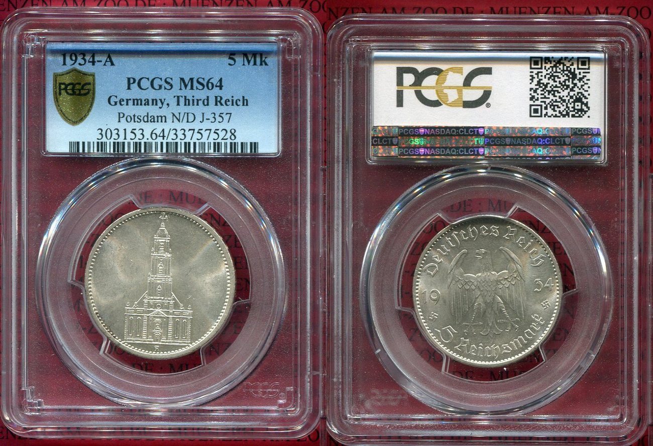 III. Reich Third Reich 5 Reichsmark 1934 A Garnisonkirche Potsdam PCGS MS 64 | MA-Shops