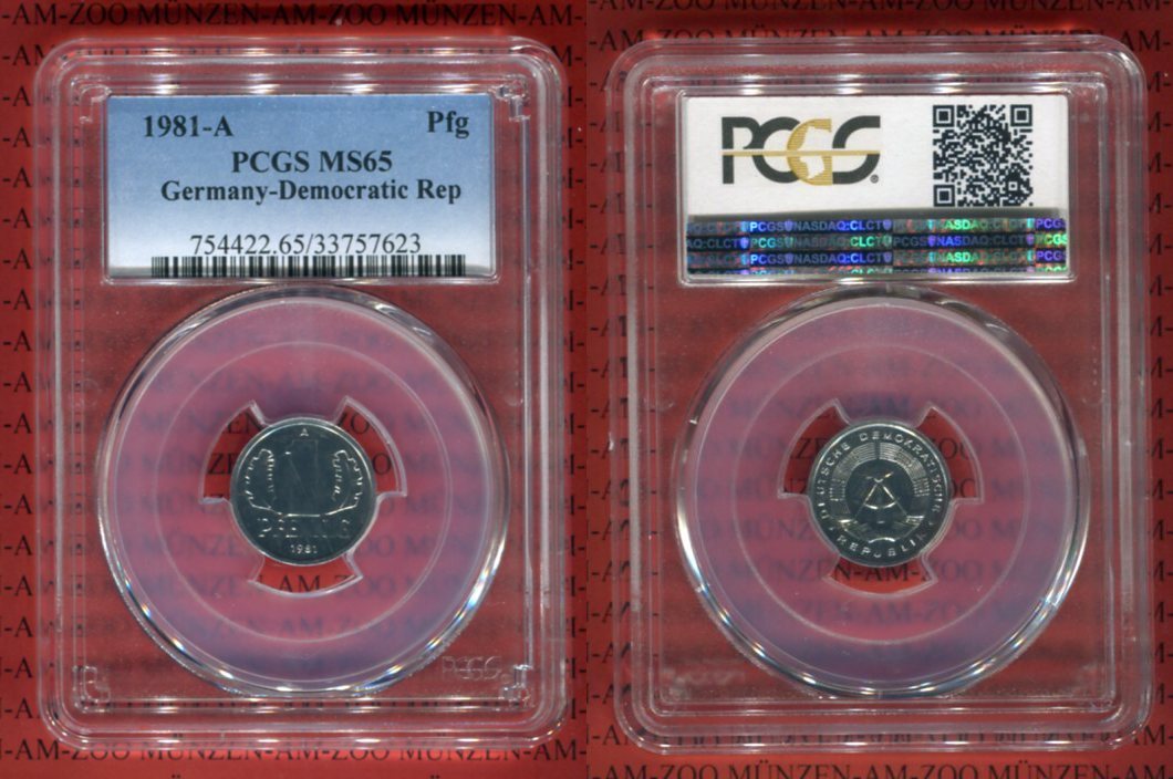 DDR 1981 A 1 Pfennig Aluminium Kursmünze PCGS zertifiziert MS65 | MA-Shops