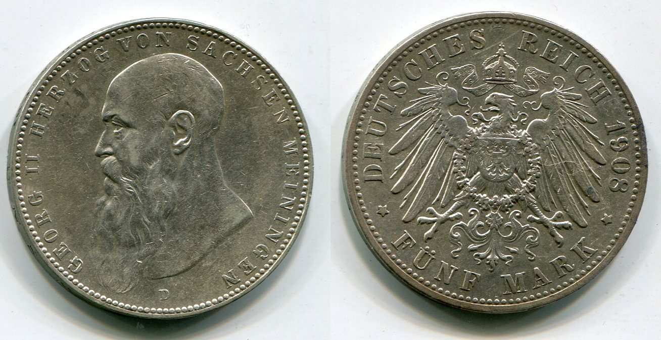 Sachsen Meiningen 5 Mark Silbermünze 1908 Georg, Kursmünze, Circulation ...