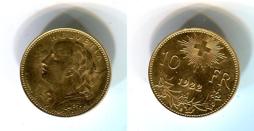 Schweiz 10 Franken Goldmünze 1922 B Vreneli Typ vz - prfr | MA-Shops