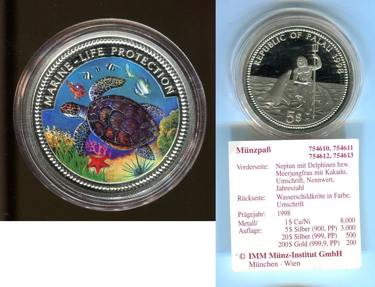 Palau 5 Dollar Farbmünze 1998 Marine Life Protection, Neptun ...