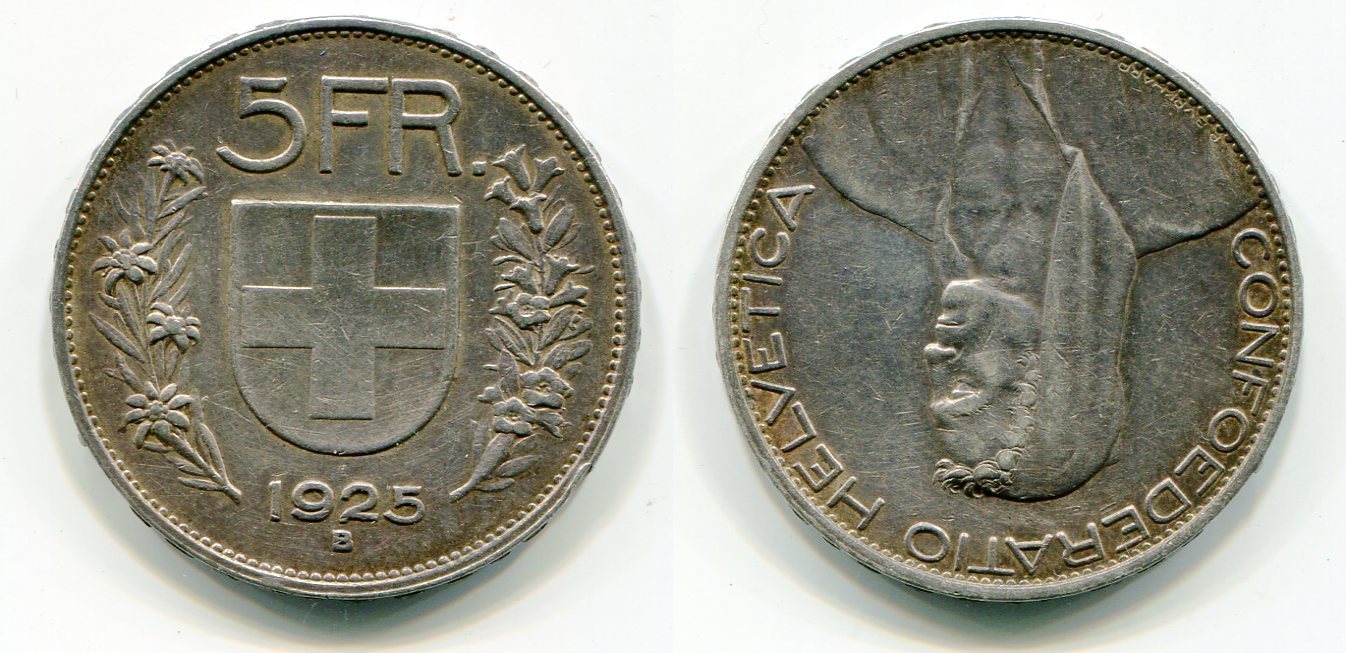 Schweiz Eidgenossenschaft 5 Franken Kursmünze 1925 Großer Alphirt Kursmünze Patina sehr schön ...