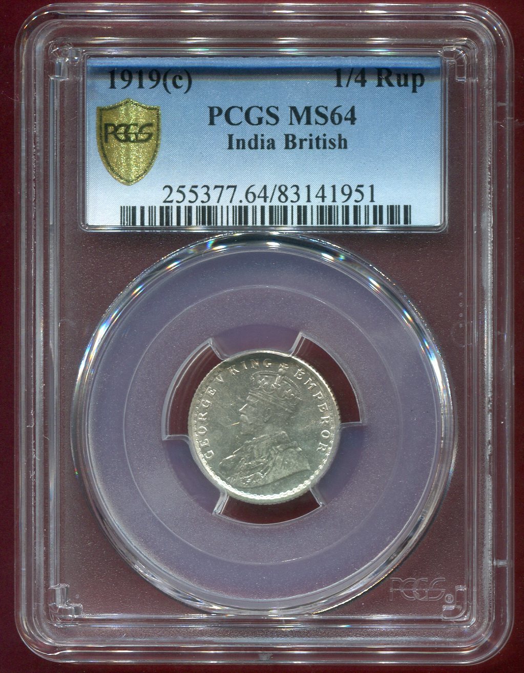 Indien England 1/4 Rupie Rupee 1919 C George V. PCGS Top POP PCGS MS 64 ...