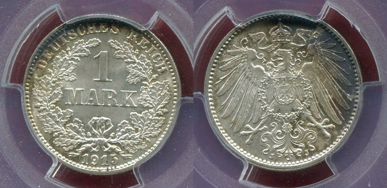 Germany-Empire, Deutsches Kaiserreich 1 Mark 1915 J Kursmünze Regular Strike J, Hamburg PCGS ...