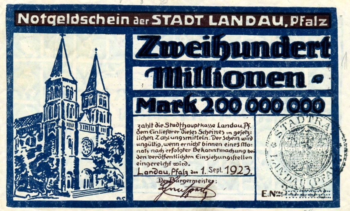 Notgeldschein Zweihundert Millionen Mark 01.09.1923 Stadthauptkasse ...