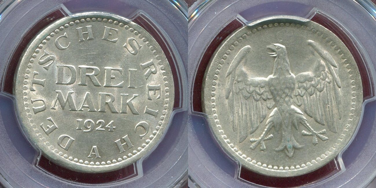 Weimarer Republik Germany 3 Mark Silber Drei Ausgeschrieben 3M 1924 Kursmünze Regular Strike ...