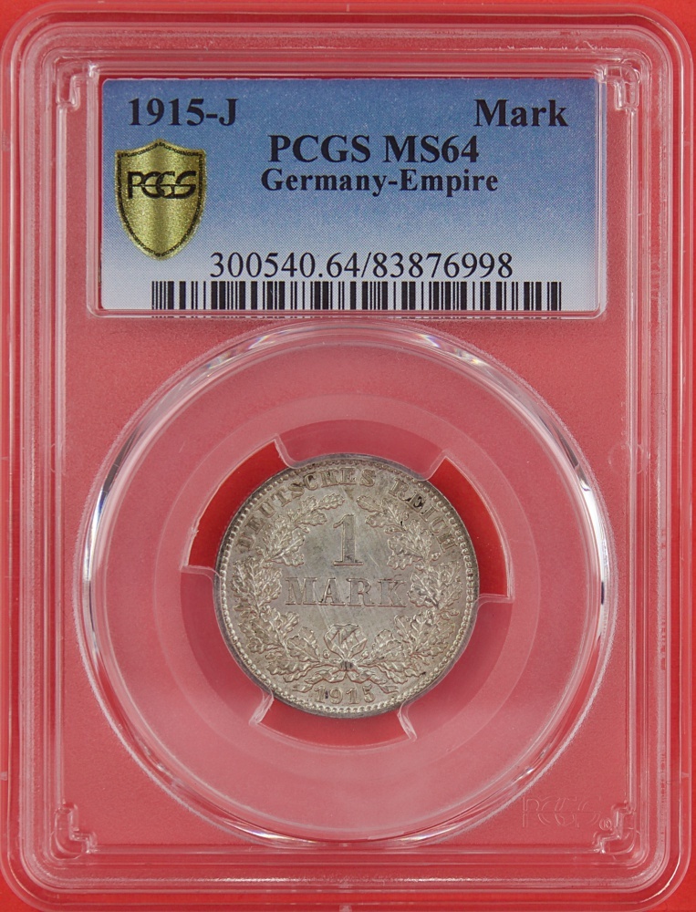 Germany-Empire 1 Mark 1915-J Deutsches Kaiserreich Regular Strike Kursmünze PCGS MS64 f. stgl ...