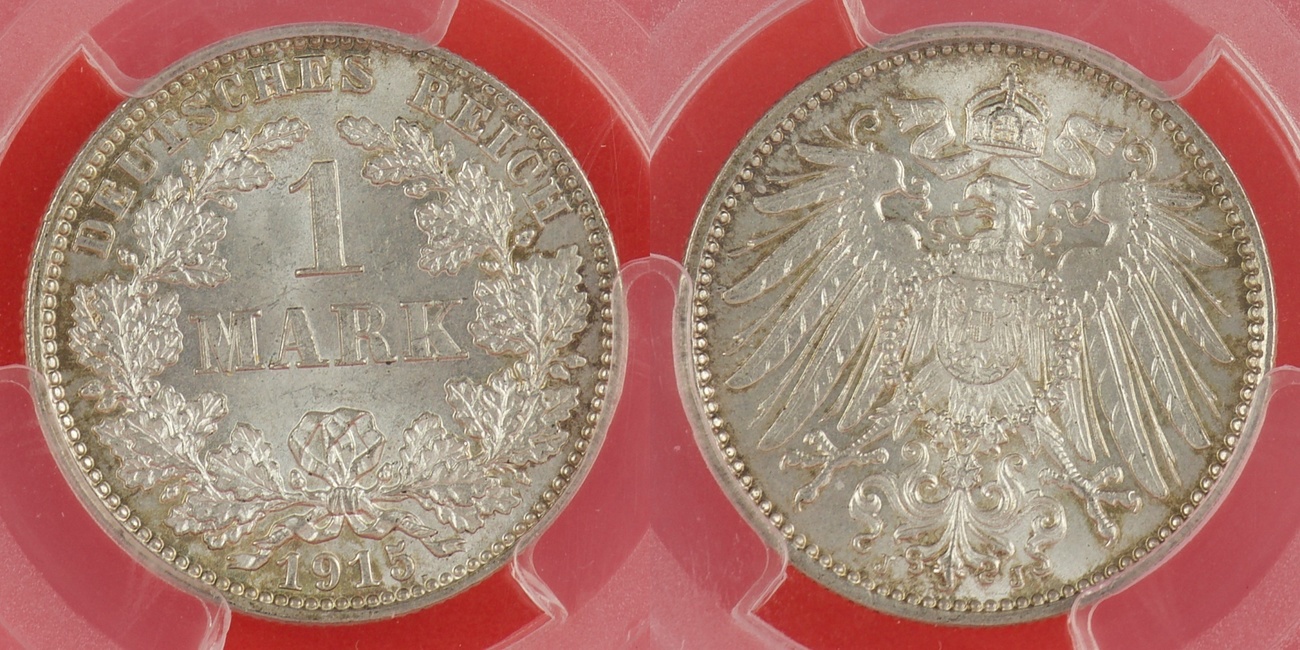 Germany-Empire 1 Mark 1915-J Deutsches Kaiserreich Regular Strike Kursmünze PCGS MS66 Stgl. fein ...