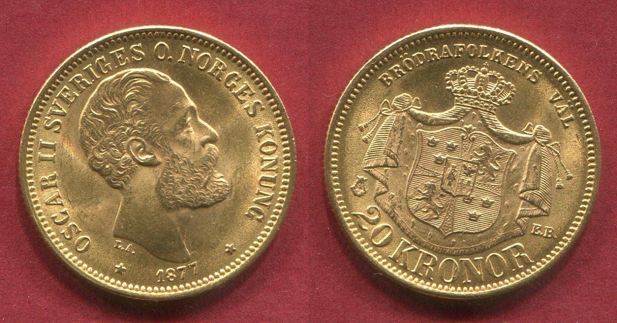 Schweden, Sweden Norwegen 20 Kronor Gold 1877 EB Gold Oscar II. very ...