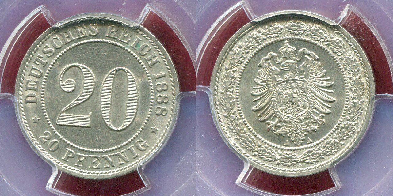 Kaiserreich 20 Pfennig 1888 A kleiner Adler PCGS MS 62 vz-prfr | MA-Shops