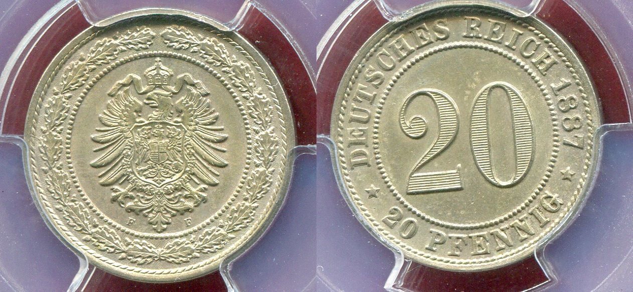 Kaiserreich 20 Pfennig 1887 F kleiner Adler PCGS MS 63 prfr | MA-Shops