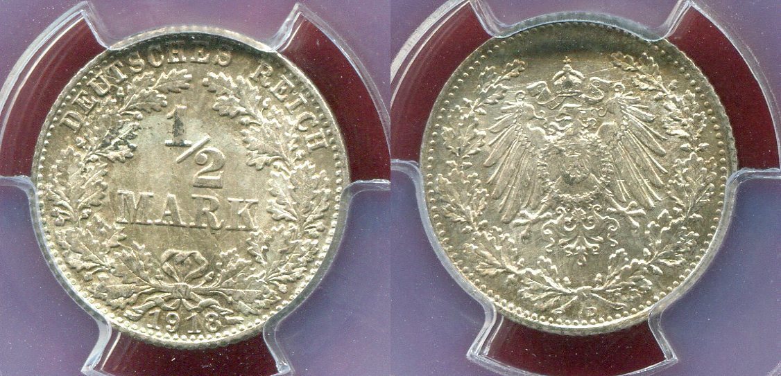 Germany-Empire, Deutsches Kaiserreich 1/2 Mark 1918 D Kursmünze PCGS MS 66 Stgl. fein | MA-Shops