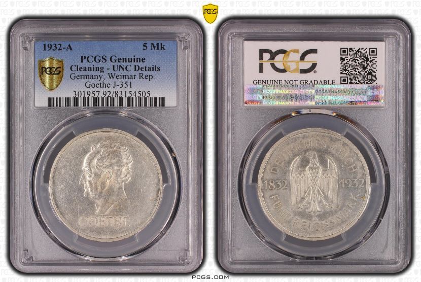 Germany, Weimar Rep. Deutschland 5 Mark 1932-A Goethe PCGS ...