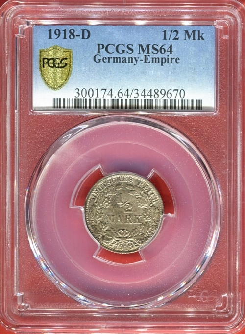 Germany-Empire 1/2 Mark 1918-D Deutsches Reich Kursmuenze PCGS MS64 f. Stgl. | MA-Shops