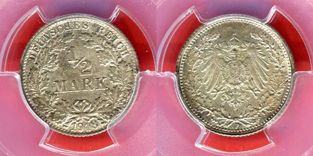 Germany-Empire 1/2 Mark 1918-D Deutsches Reich Kursmuenze PCGS MS64 f. Stgl. | MA-Shops