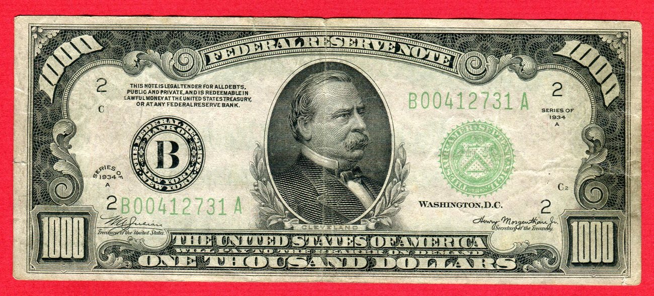 1000 Dollar 1934 A USA Federal Reserve Bank Note One Thousand Dollars 1000 Dollar 1934 A USA Federal Reserve Bank Note One Thousand Dollars