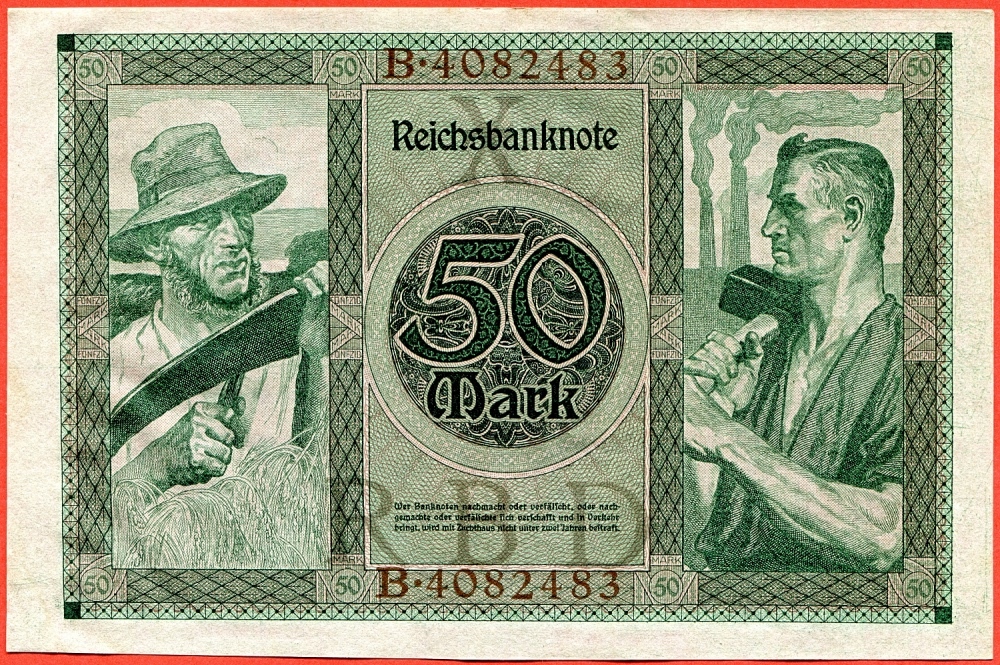 Deutsches Reich 50 Mark Reichsbanknote Serie B KN 7stellig Berlin 23 ...