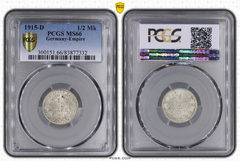 Germany-Empire, Deutsches Kaiserreich 1/2 Mark 1915 D Kursmünze PCGS MS66 | MA-Shops