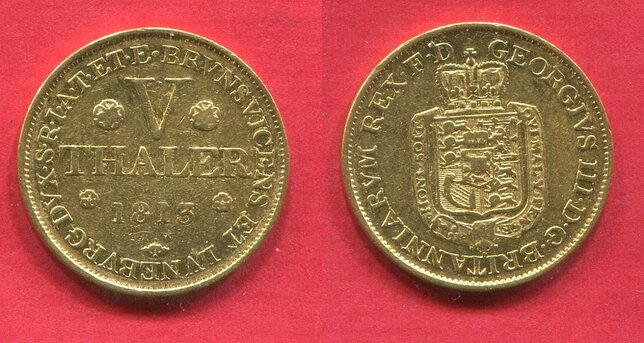 Hannover Königreich 5 V Taler Gold 1813 Georg III. ss/ss+ gereinigt ...