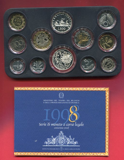 Italien 12 Münzen 1998 1 x 500 und 1 x 1000 Lire Silber Polierte Platte ...